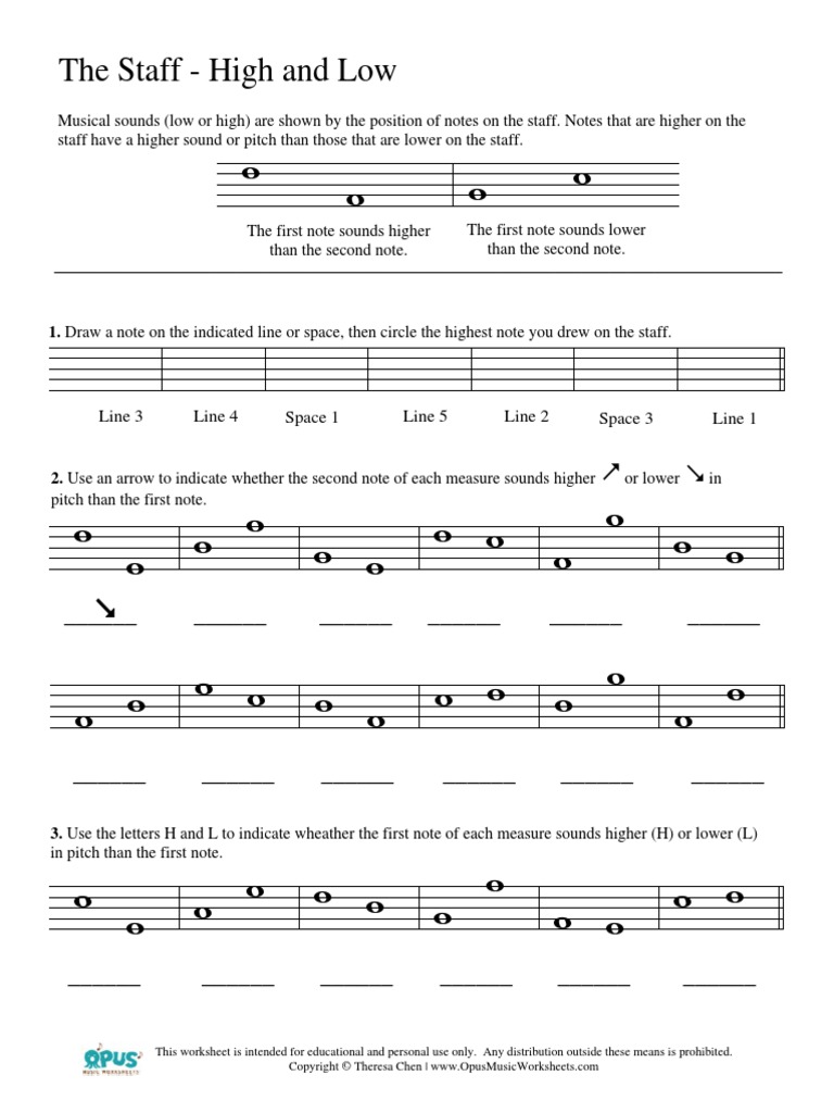 Music Theory Worksheet 2 Staff High Low | PDF | Pitch (Music) | Acoustics