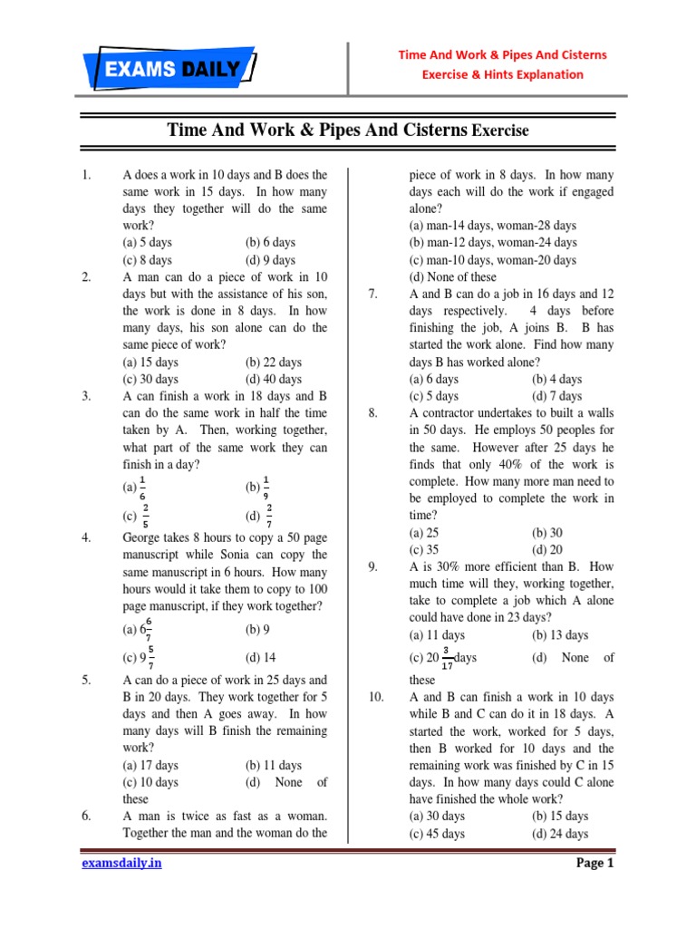 Time and Work & Pipes and Cisterns: Exercise | PDF | Nature