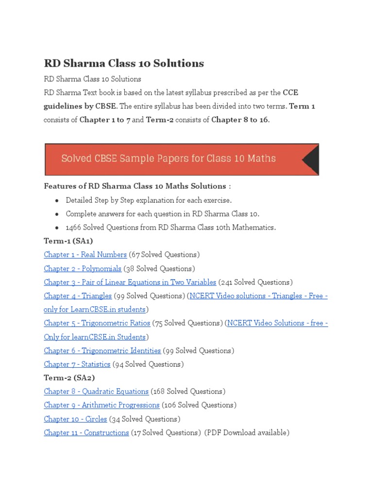 RD Sharma Class 10 Solutions Overview | PDF