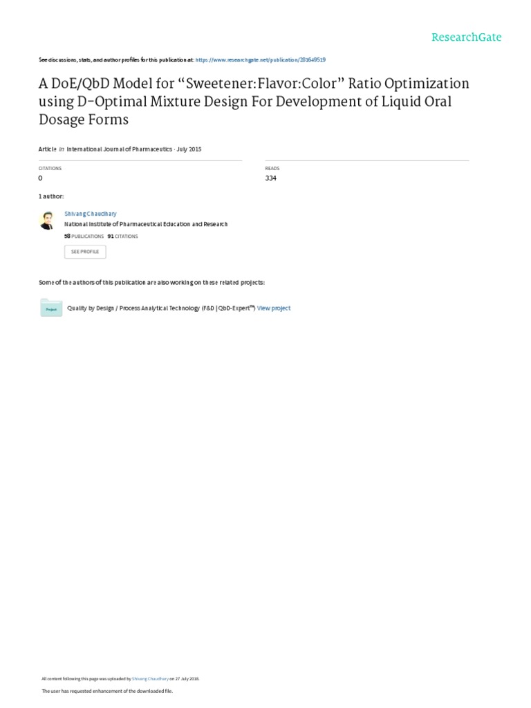 A Doe/Qbd Model For "Sweetener:Flavor:Color" Ratio Optimization Using D ...