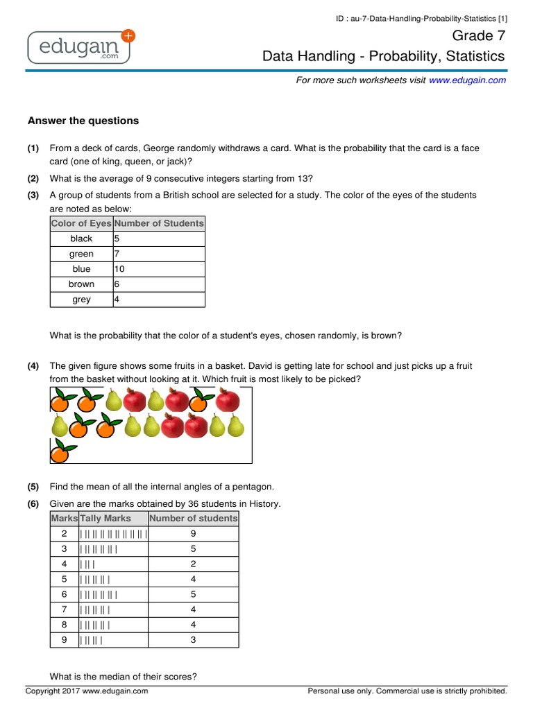 Grade 7 Data Handling - Probability, Statistics: Answer The Questions ...