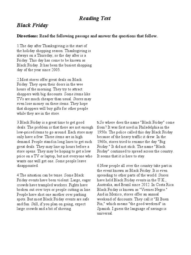 Reading Test Black Friday: Directions: Read The Following Passage and ...