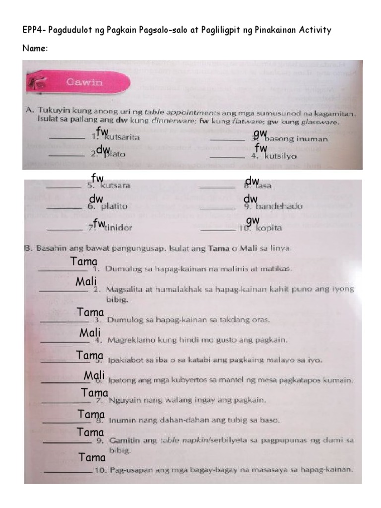EPP4-Pagdudulot NG Pagkain Pagsasalo-Salo Sa Hapag-Kainan Activity | PDF
