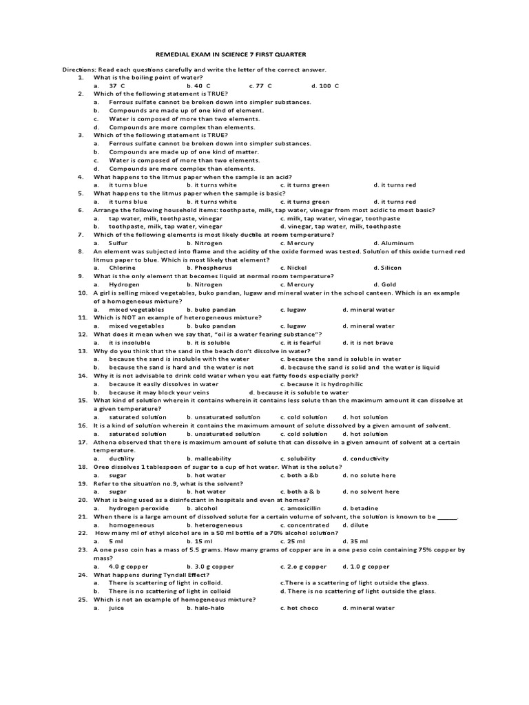 Remedial Exam in Sicence 7 First Quarter | Download Free PDF | Solution ...