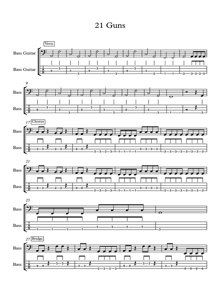 21 Guns Bass | PDF | Music Theory | Guitars