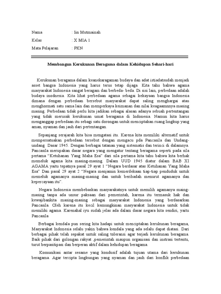 Iin Mutmainah - X Mia 1 - Artikel Membangun Kerukunan Beragama Dalam ...