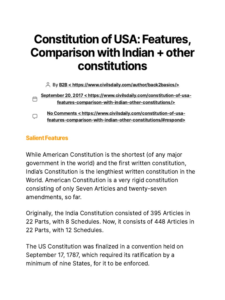 USA Constitution: Key Features & Comparison | PDF | Separation Of ...
