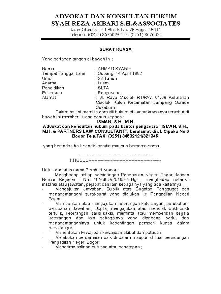 Perdata Penggugat (Surat Kuasa, Surat Gugatan, Surat Replik, Surat Kesimpulan) | PDF