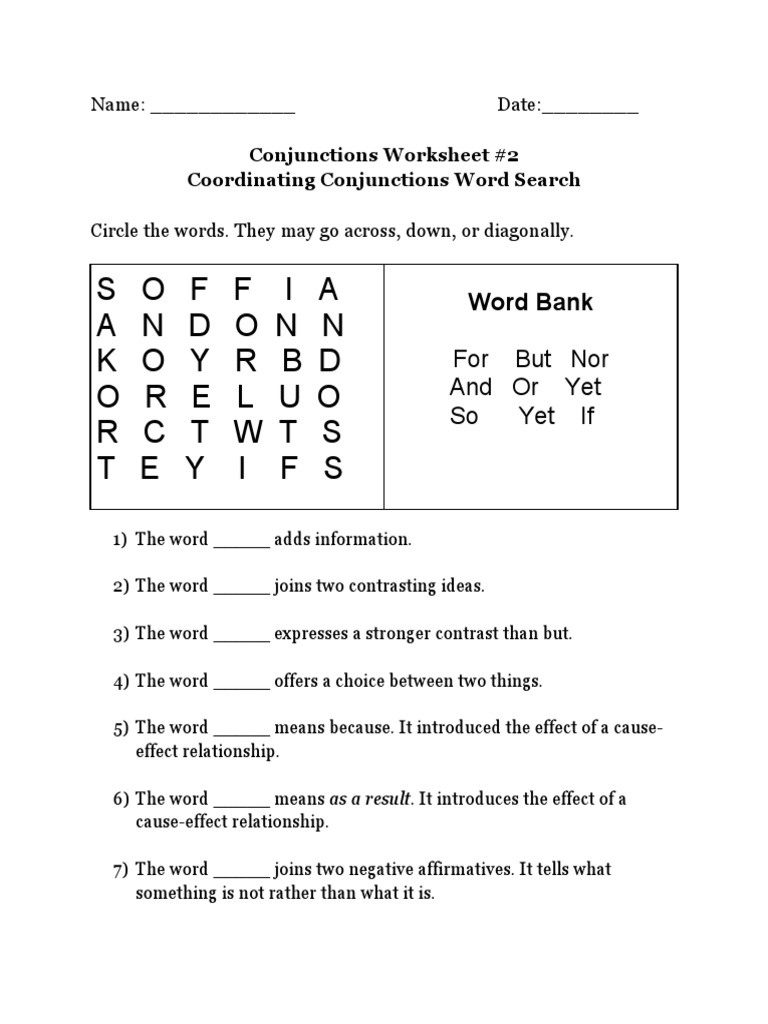 Conjunctions Worksheet 3 Word Search | PDF