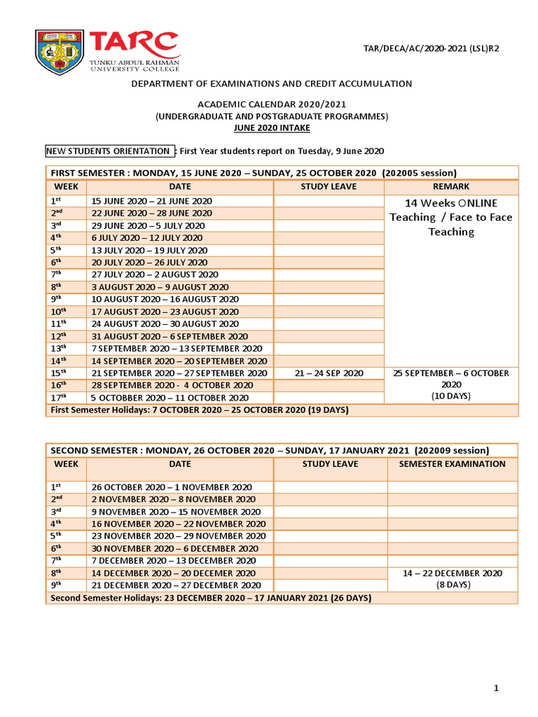 Department of Examinations and Credit Accumulation ACADEMIC CALENDAR ...