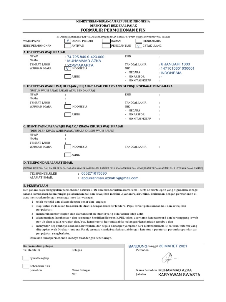 Formulir Permohonan Aktivasi EFIN | PDF