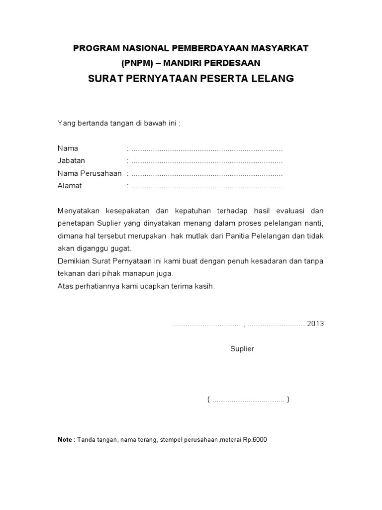 Surat Pernyataan Peserta Lelang | PDF