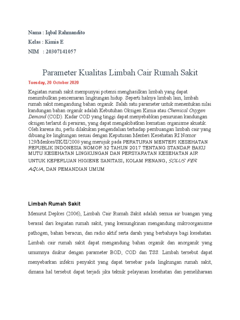 Parameter Kualitas Limbah Cair Rumah Sakit | PDF