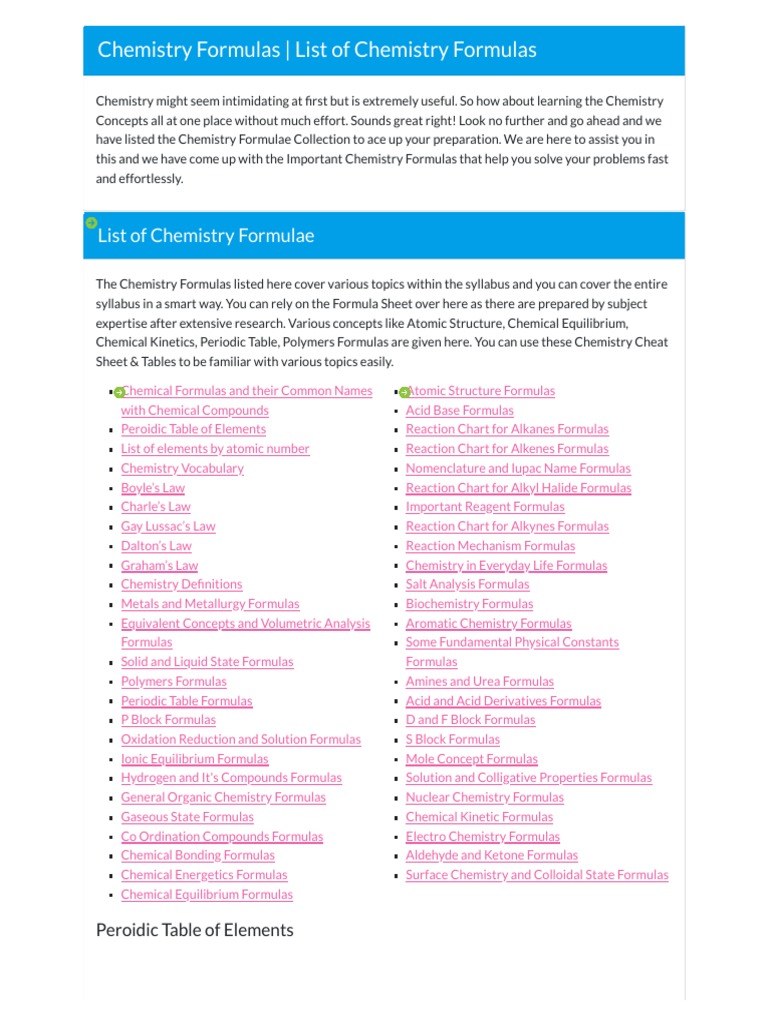 Chemistry Formulas - List of Chemistry Formulas | Download Free PDF ...