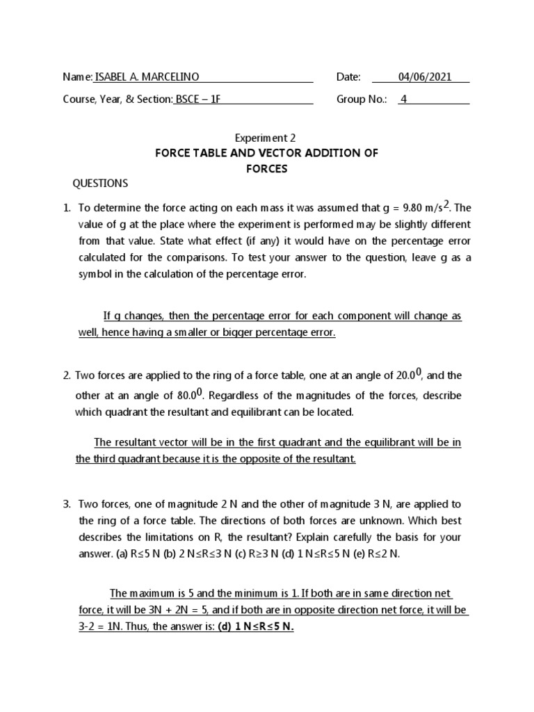 Marcelino Labsheet 3 Force Table | PDF | Force | Metrology