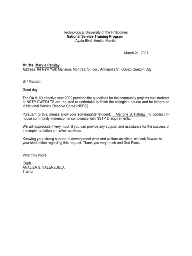 Immersion Letter To Parent or Guardian | PDF