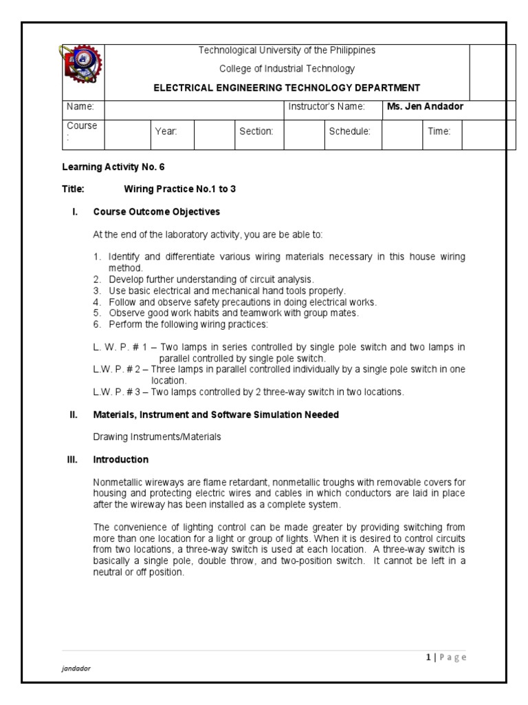Learning Activity No 6 - Wiring Practices | PDF | Switch | Electrical ...