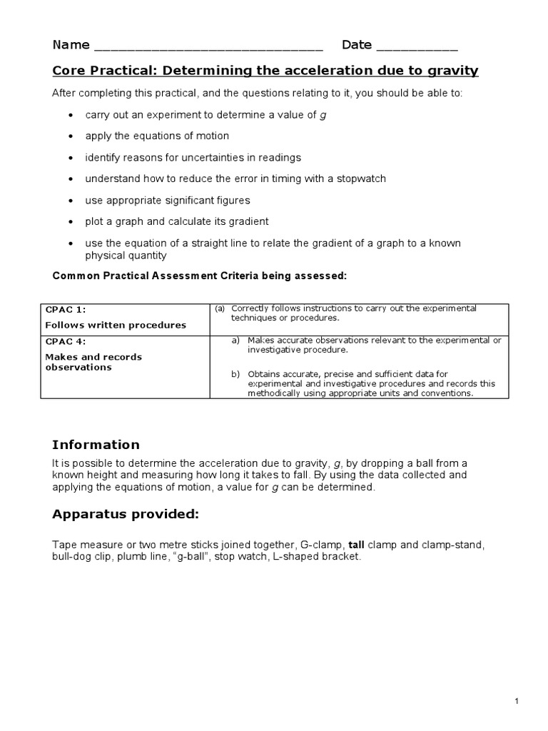 Core Practical: Determining The Acceleration Due To Gravity: Name ...