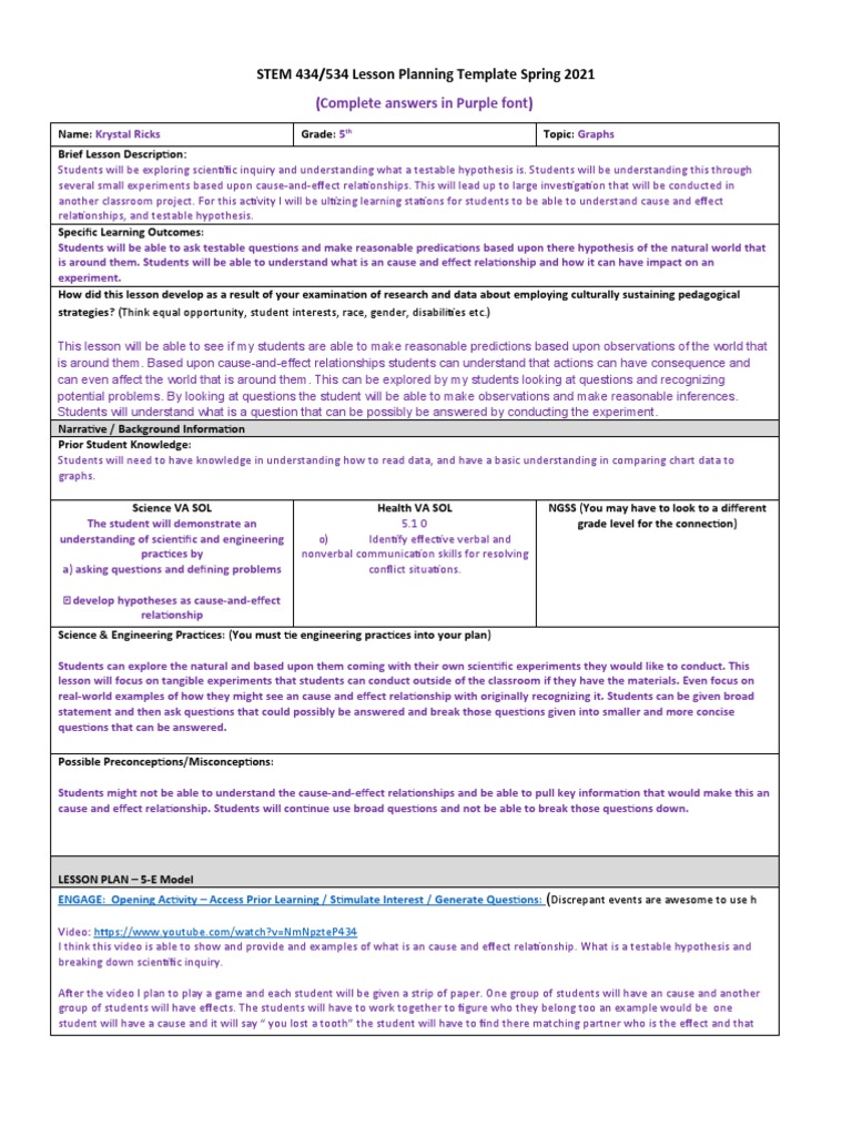 5th Grade Cause and Effect Lesson Plan | PDF | Experiment | Causality