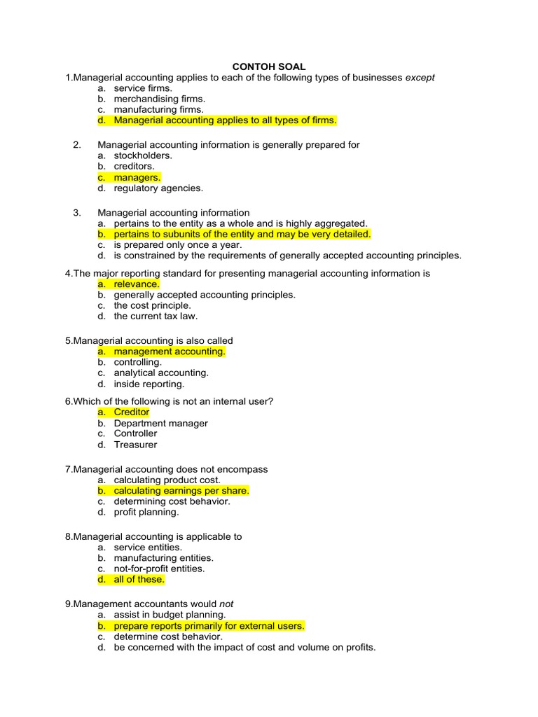 Managerial Accounting Principles: Multiple Choice Questions on Cost ...
