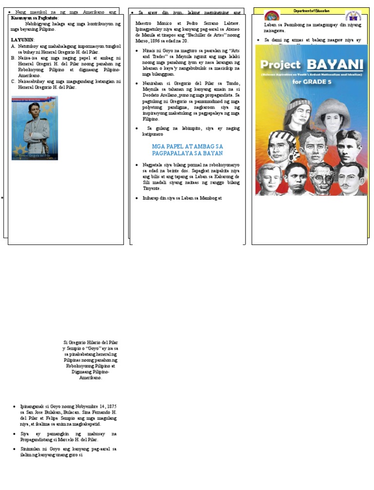 Grade 5 Project Bayani Brochure Gregorio Del Pilar | PDF