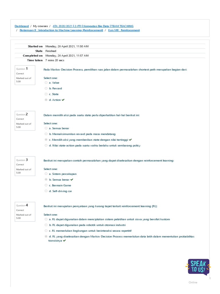 Kuis M8 - Reinforcement - Attempt Review | PDF
