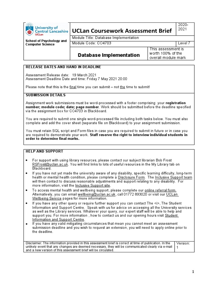 CO4703 Assignment Brief 2020-2021 | PDF | Relational Database | Databases