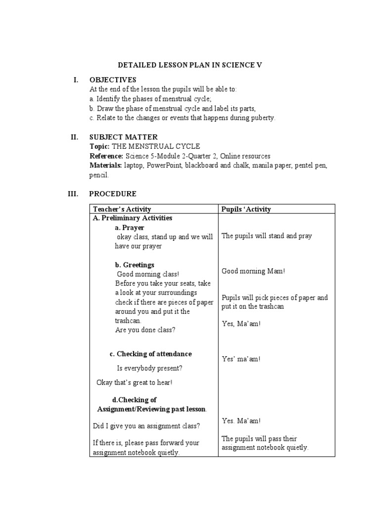 Menstrual Cycle Lesson Plan for Grade 5 | PDF | Menstrual Cycle ...