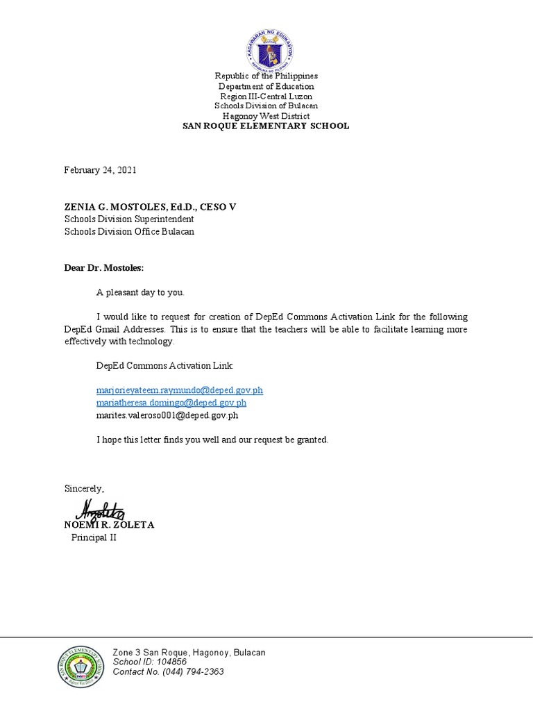 Request Letter For DepEd Commons Activation Link | PDF