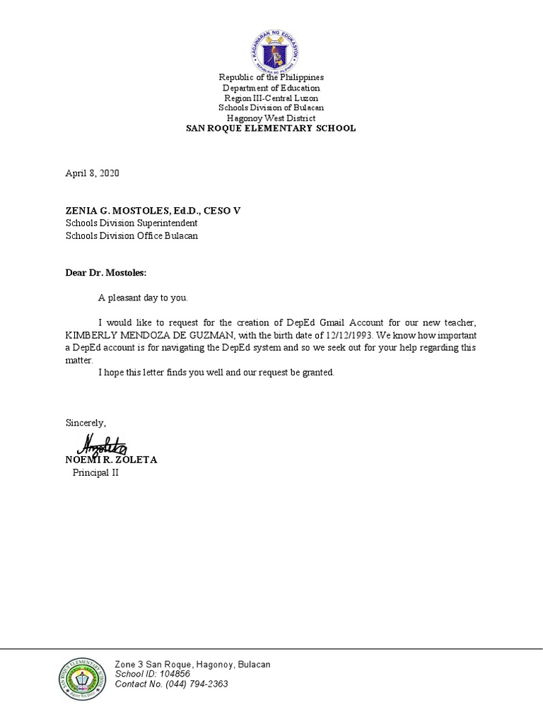 DepEd Email Request for New Teacher | PDF