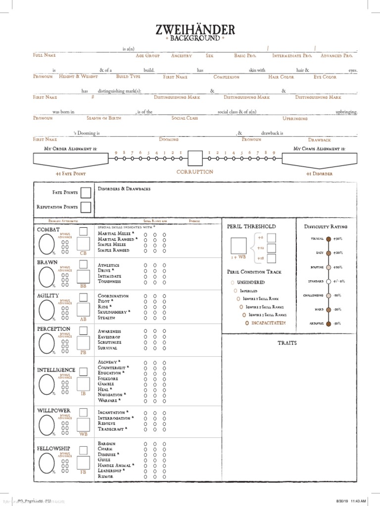 Zweihander - Character Sheet Vertical V1 | PDF