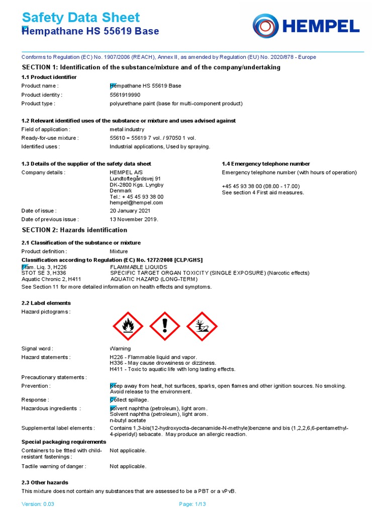 Hempathane Hs 55610 Black Base Msds | PDF | Firefighting | Occupational ...