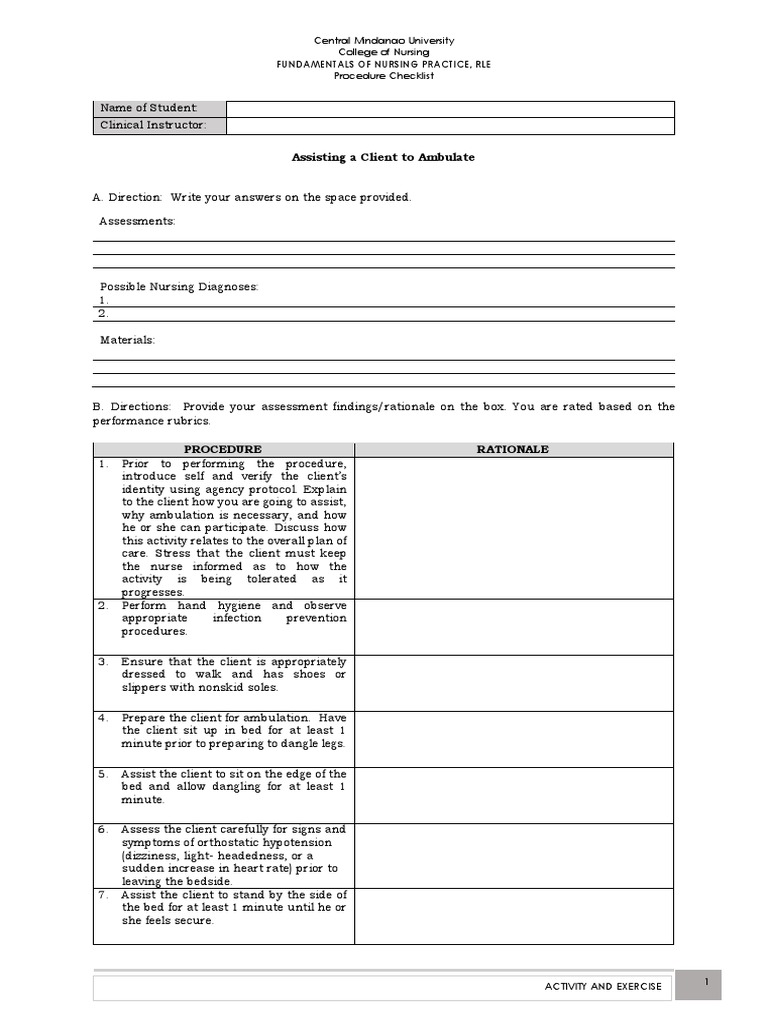 Assisting A Client To Ambulate Procedure Checklist | PDF | Walking ...