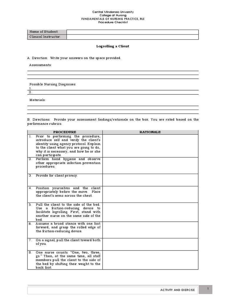 Logrolling A Client Procedure Checklist | PDF | Medicine | Health Sciences
