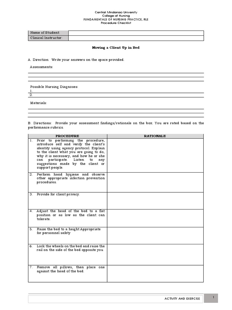 Moving A Client Up in Bed Procedure Checklist | PDF | Anatomical Terms ...