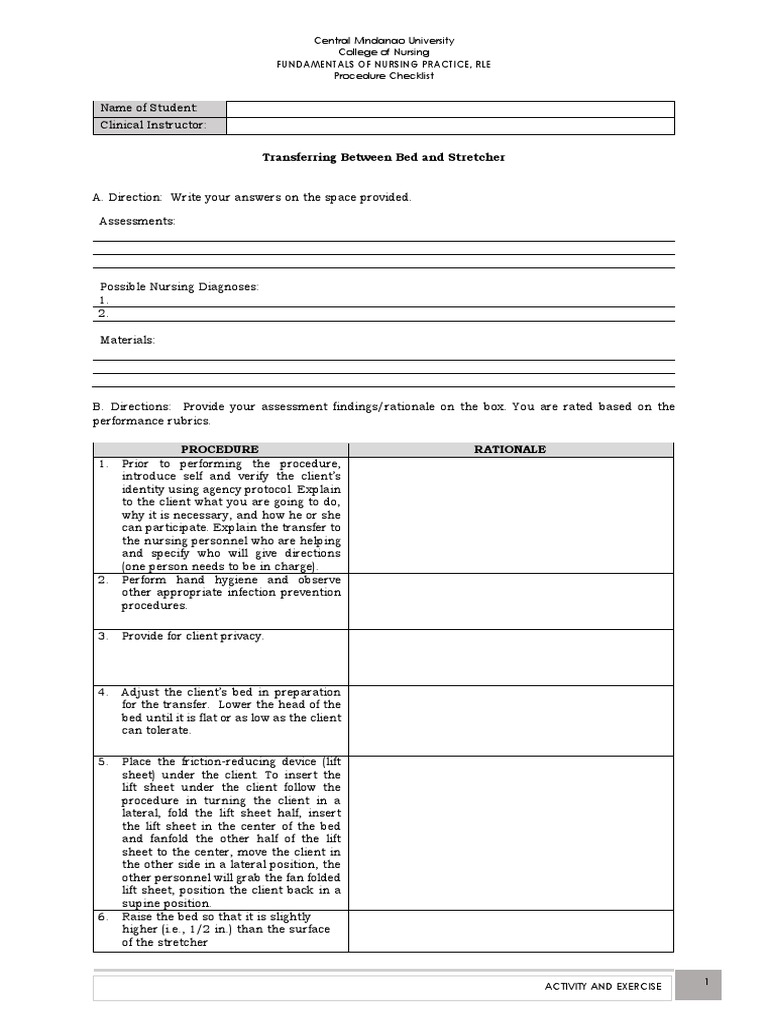 Transferring Between Bed and Stretcher Procedure Checklist | PDF ...