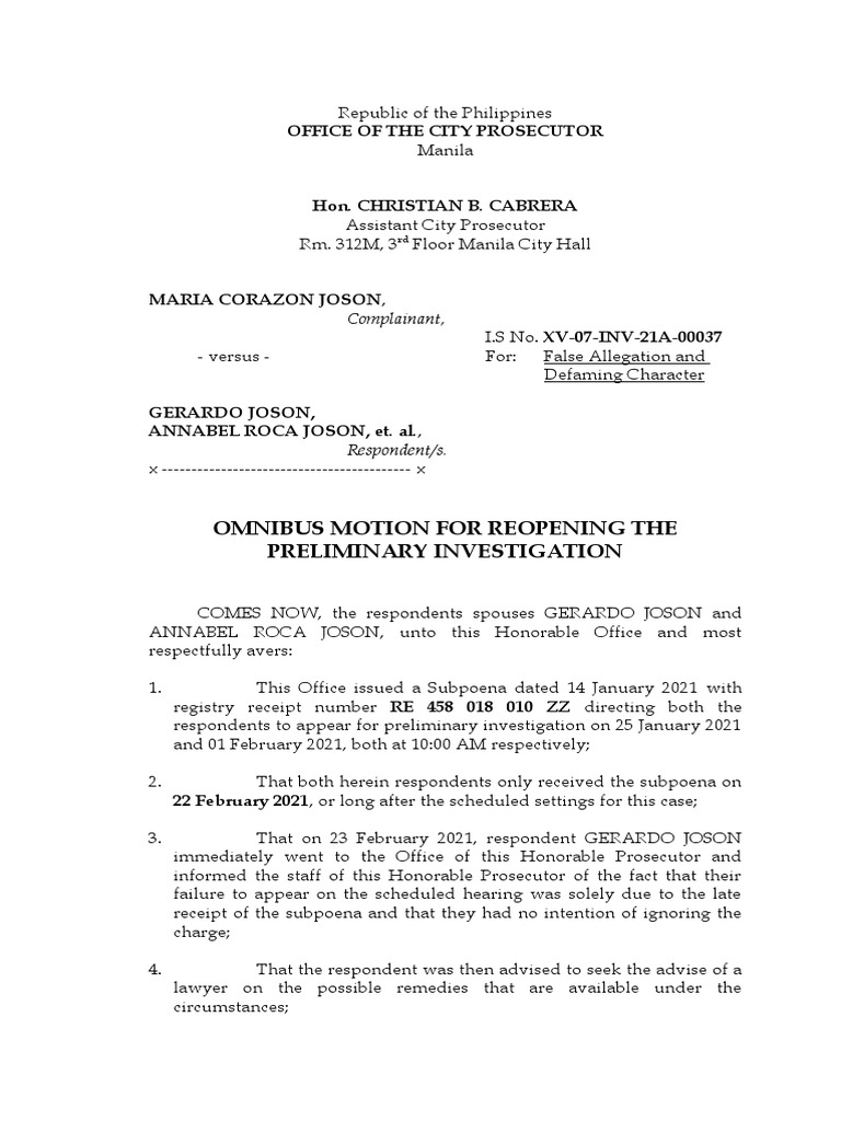 Motion to Reopen Preliminary Investigation Due to Late Receipt of ...