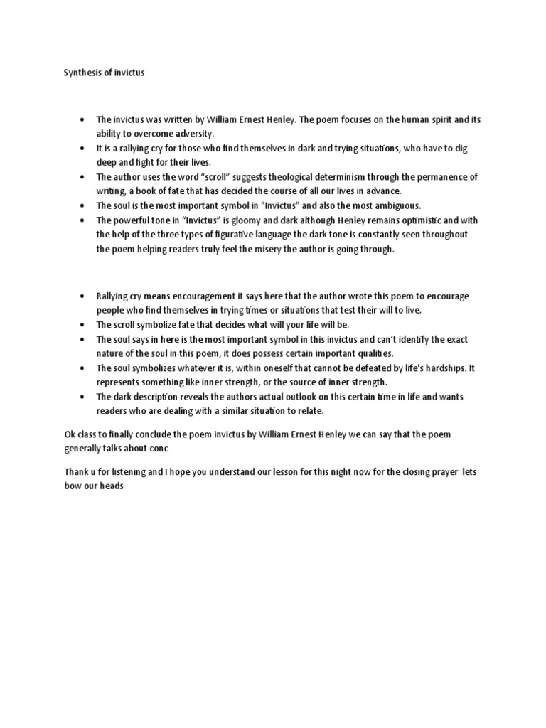 Synthesis of Invictus | PDF | Philosophy | Poetry