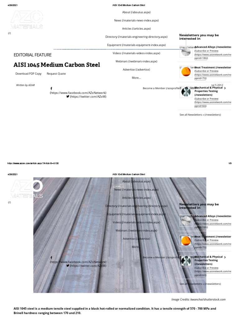 AISI 1045 Medium Carbon Steel | PDF | Heat Treating | Hardness