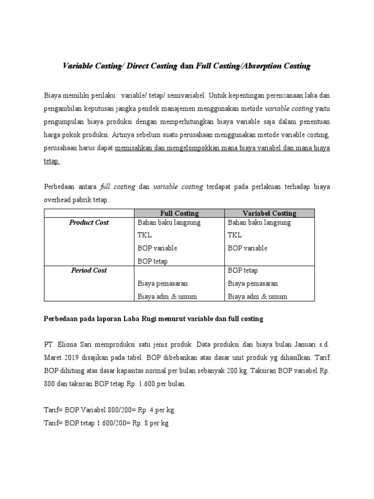 Perbandingan Full Costing dan Variable Costing | PDF