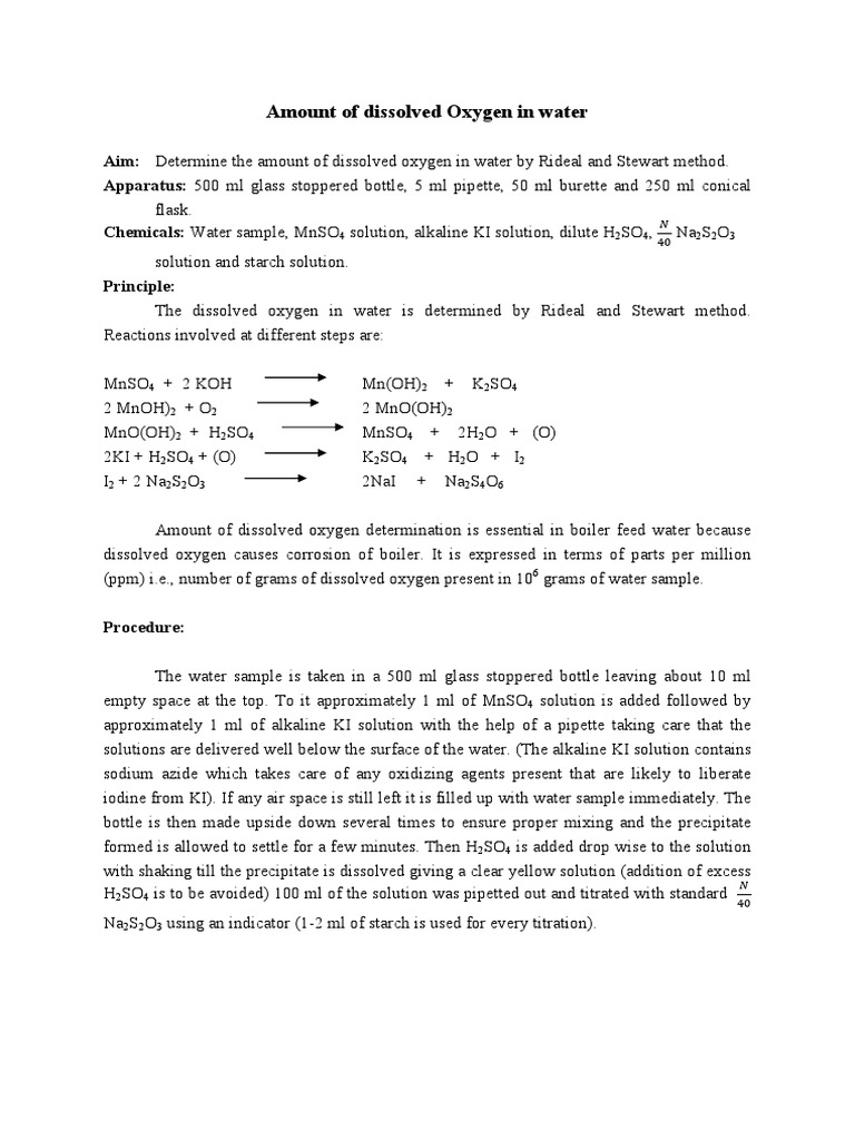Amount of Dissolved Oxygen in Water | PDF | Titration | Chemistry