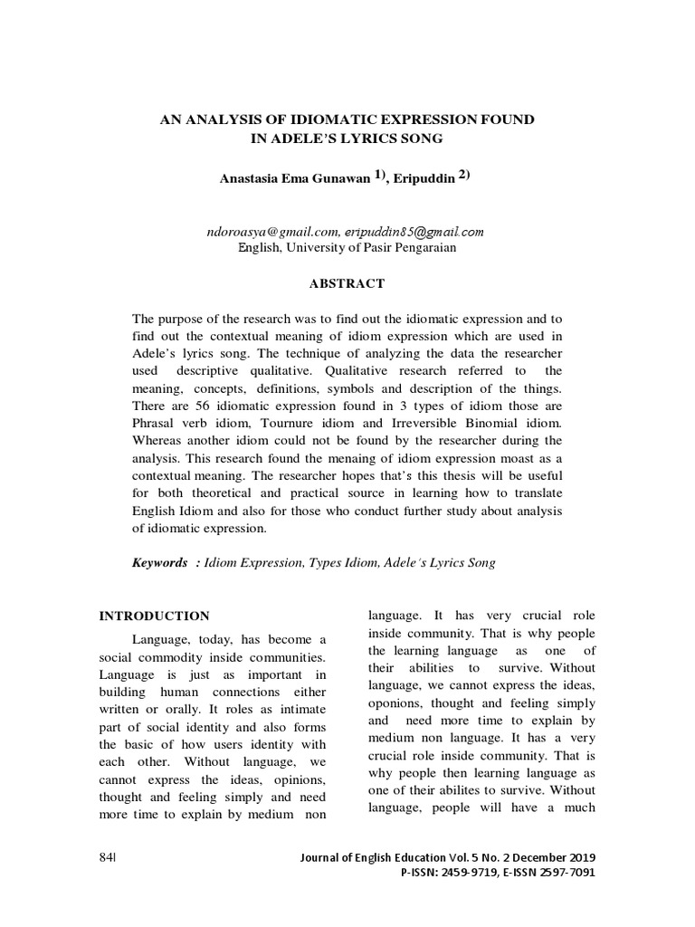 An Analysis of Idiomatic Expression Found in Adele'S Lyrics Song | PDF ...