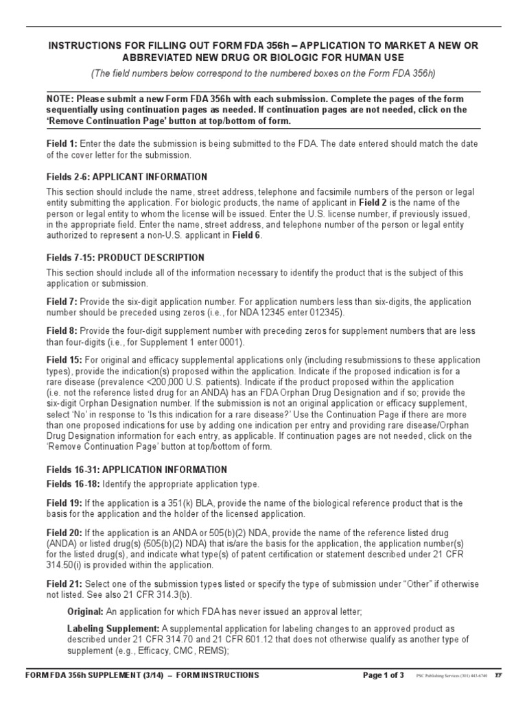 Instructions For Filling Out Form Fda 356H - Application To Market A ...