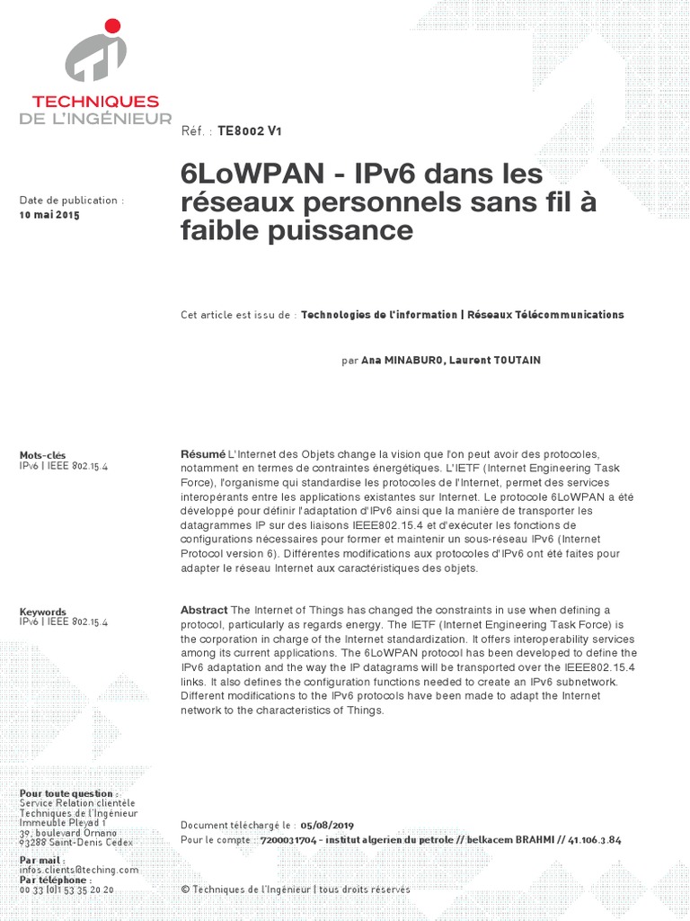 6LoWPAN - IPv6 Dans Les Réseaux Personnels Sans Fil À Faible Puissance ...
