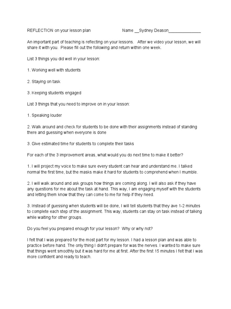 Lesson Reflection | PDF | Lesson Plan | Students