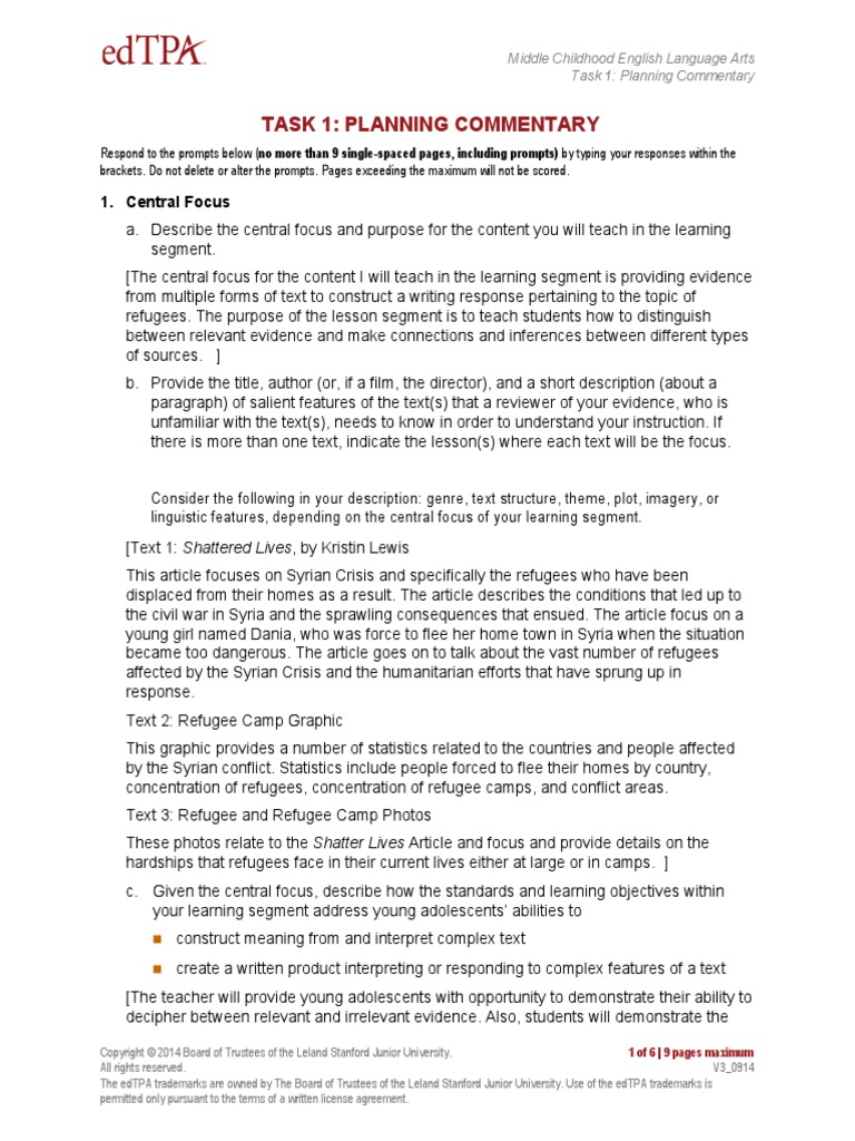 Task 1: Planning Commentary: 1. Central Focus | Download Free PDF ...