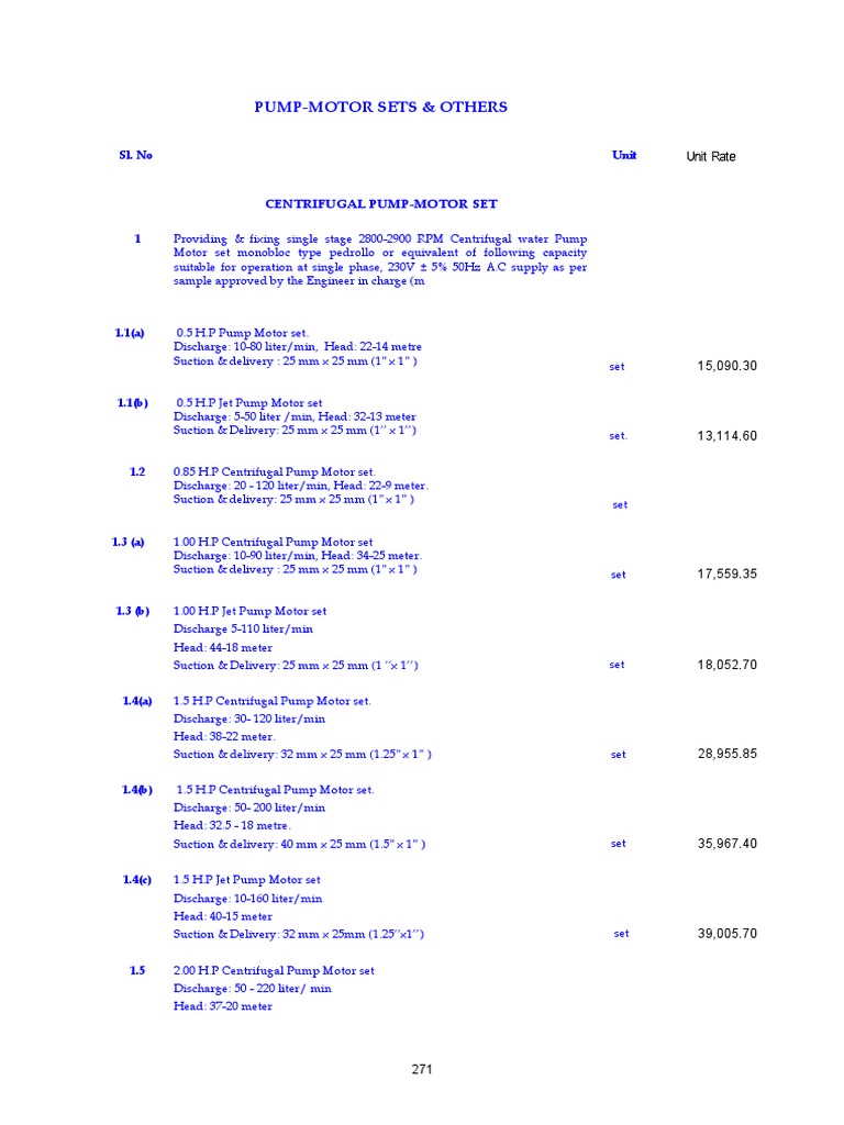 Pump and Motor Specifications for Various Water Supply Applications ...