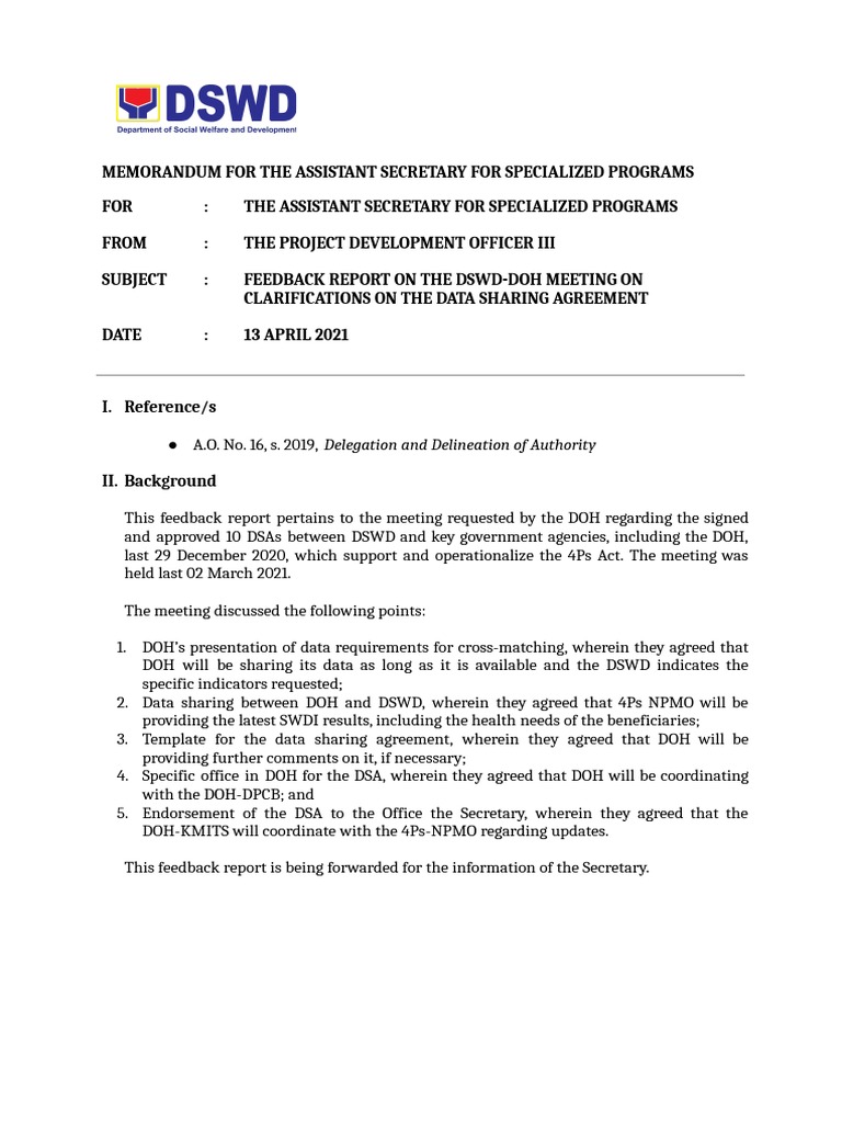 Feedback Report For The Secretary Re DSWD-DOH Meeting | PDF | Business
