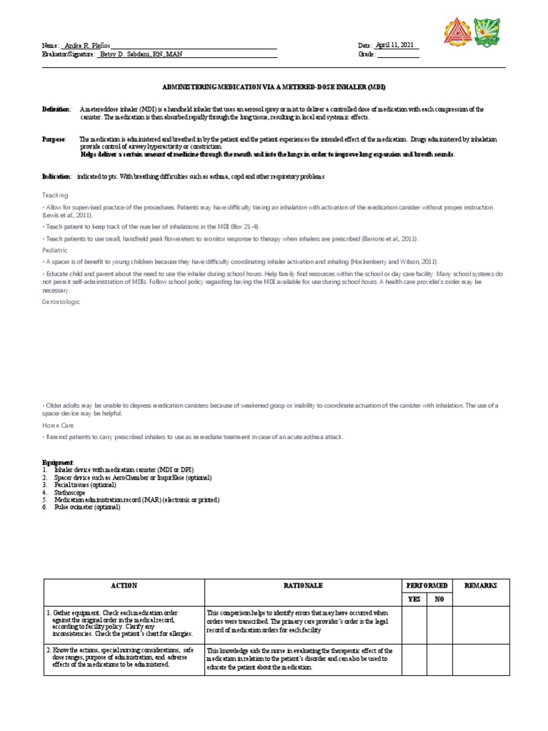 Administering Medication Via A Metered Dose Inhaler | PDF | Clinical ...