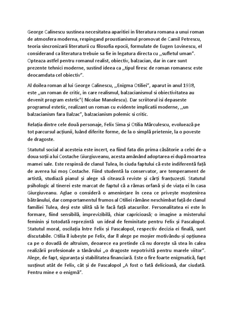 Enigma Otiliei - Relatia Dintre 2 Personaje | PDF